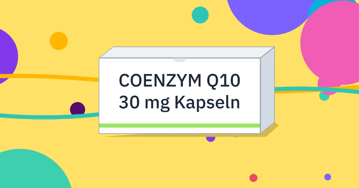 Symbolbild: Packung mit der Aufschrift COENZYM Q10 30 mg Kapseln (PZN 11642316) – Verfügbarkeit und Bezug in Apotheken in Frankfurt am Main