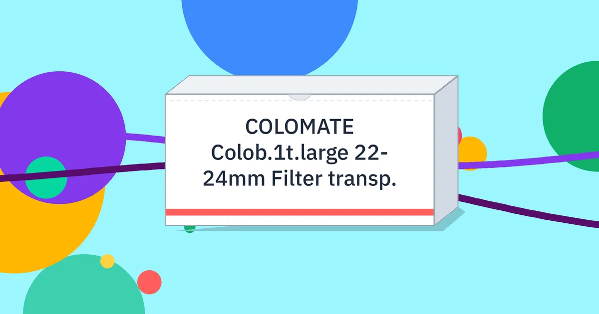Symbolbild: Packung mit der Aufschrift COLOMATE Colob.1t.large 22-24mm Filter transp. (PZN 01743105) – Verfügbarkeit und Bezug in Apotheken in Frankfurt am Main