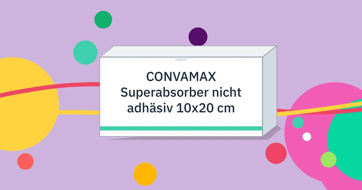 Symbolbild: Packung mit der Aufschrift CONVAMAX Superabsorber nicht adhäsiv 10x20 cm (PZN 19825631) – Verfügbarkeit und Bezug in Apotheken in Frankfurt am Main