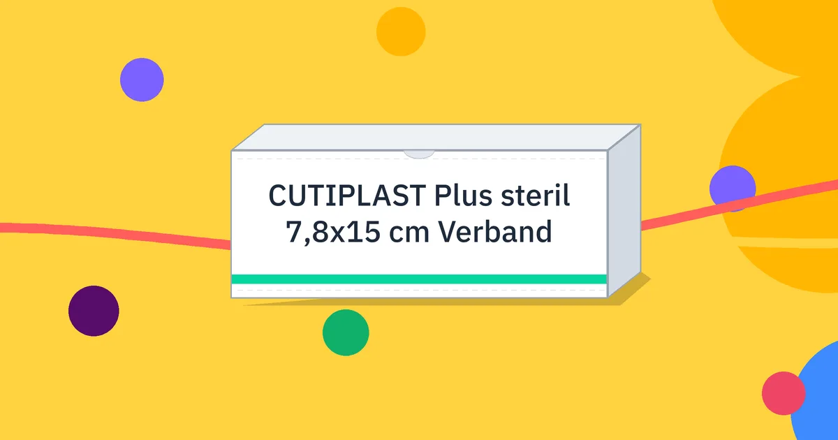 Symbolbild: Packung mit der Aufschrift CUTIPLAST Plus steril 7,8x15 cm Verband (PZN 19670080) – Verfügbarkeit und Bezug in Apotheken in Frankfurt am Main