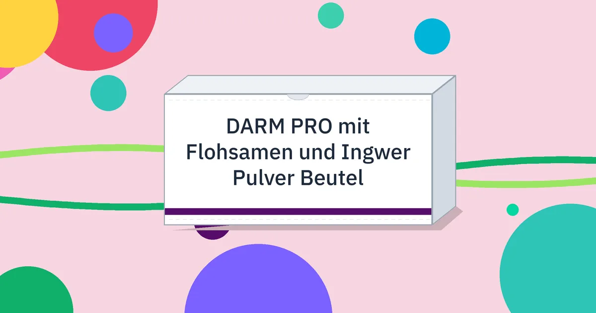 Symbolbild: Packung mit der Aufschrift DARM PRO mit Flohsamen und Ingwer Pulver Beutel (PZN 19106586) – Verfügbarkeit und Bezug in Apotheken in Frankfurt am Main