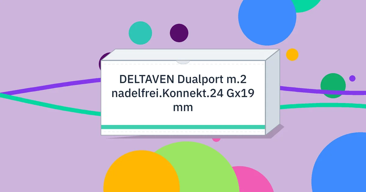 Symbolbild: Packung mit der Aufschrift DELTAVEN Dualport m.2 nadelfrei.Konnekt.24 Gx19 mm (PZN 20365376) – Verfügbarkeit und Bezug in Apotheken in Frankfurt am Main