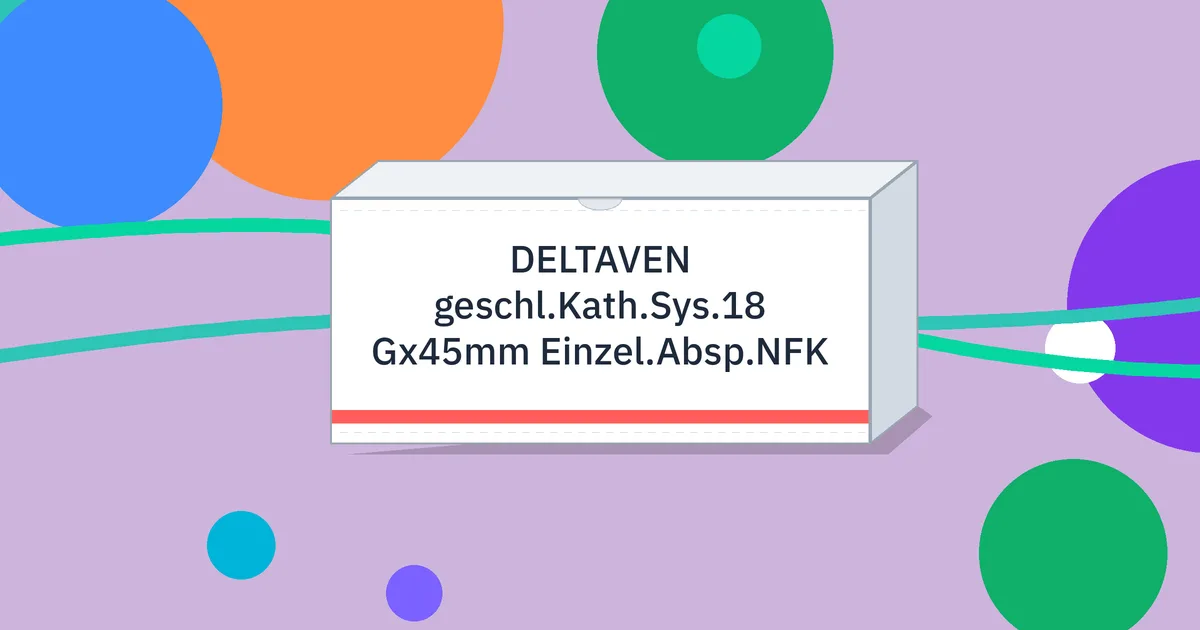 Symbolbild: Packung mit der Aufschrift DELTAVEN geschl.Kath.Sys.18 Gx45mm Einzel.Absp.NFK (PZN 13977386) – Verfügbarkeit und Bezug in Apotheken in Frankfurt am Main