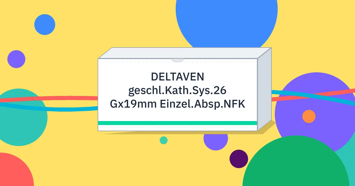 Symbolbild: Packung mit der Aufschrift DELTAVEN geschl.Kath.Sys.26 Gx19mm Einzel.Absp.NFK (PZN 13977819) – Verfügbarkeit und Bezug in Apotheken in Frankfurt am Main