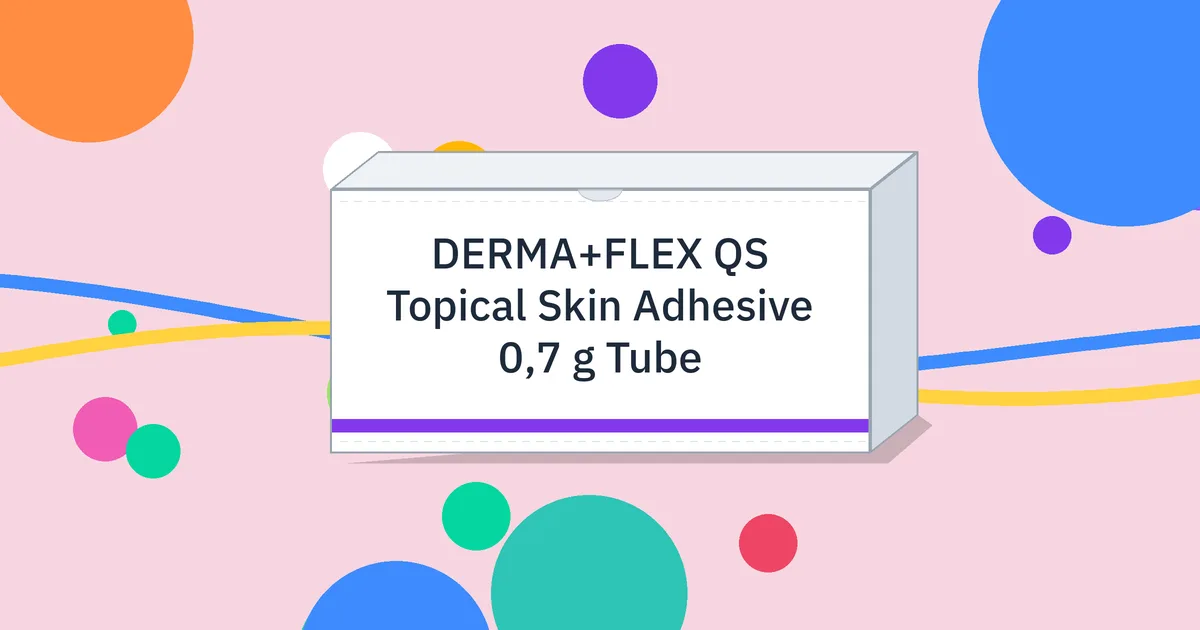 Symbolbild: Packung mit der Aufschrift DERMA+FLEX QS Topical Skin Adhesive 0,7 g Tube (PZN 19277862) – Verfügbarkeit und Bezug in Apotheken in Frankfurt am Main