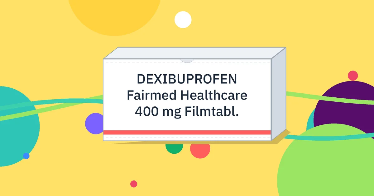Symbolbild: Packung mit der Aufschrift DEXIBUPROFEN Fairmed Healthcare 400 mg Filmtabl. (PZN 16564035) – Verfügbarkeit und Bezug in Apotheken in Frankfurt am Main
