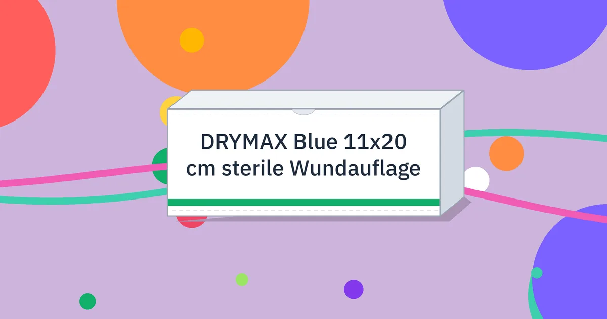 Symbolbild: Packung mit der Aufschrift DRYMAX Blue 11x20 cm sterile Wundauflage (PZN 18683040) – Verfügbarkeit und Bezug in Apotheken in Frankfurt am Main