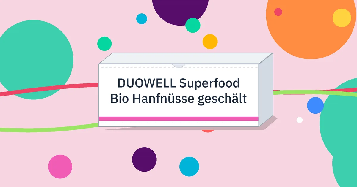 Symbolbild: Packung mit der Aufschrift DUOWELL Superfood Bio Hanfnüsse geschält (PZN 11176469) – Verfügbarkeit und Bezug in Apotheken in Frankfurt am Main