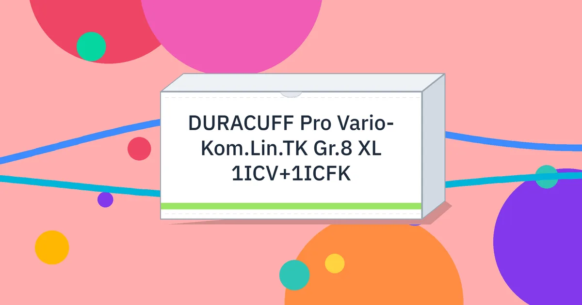 Symbolbild: Packung mit der Aufschrift DURACUFF Pro Vario-Kom.Lin.TK Gr.8 XL 1ICV+1ICFK (PZN 19246146) – Verfügbarkeit und Bezug in Apotheken in Frankfurt am Main