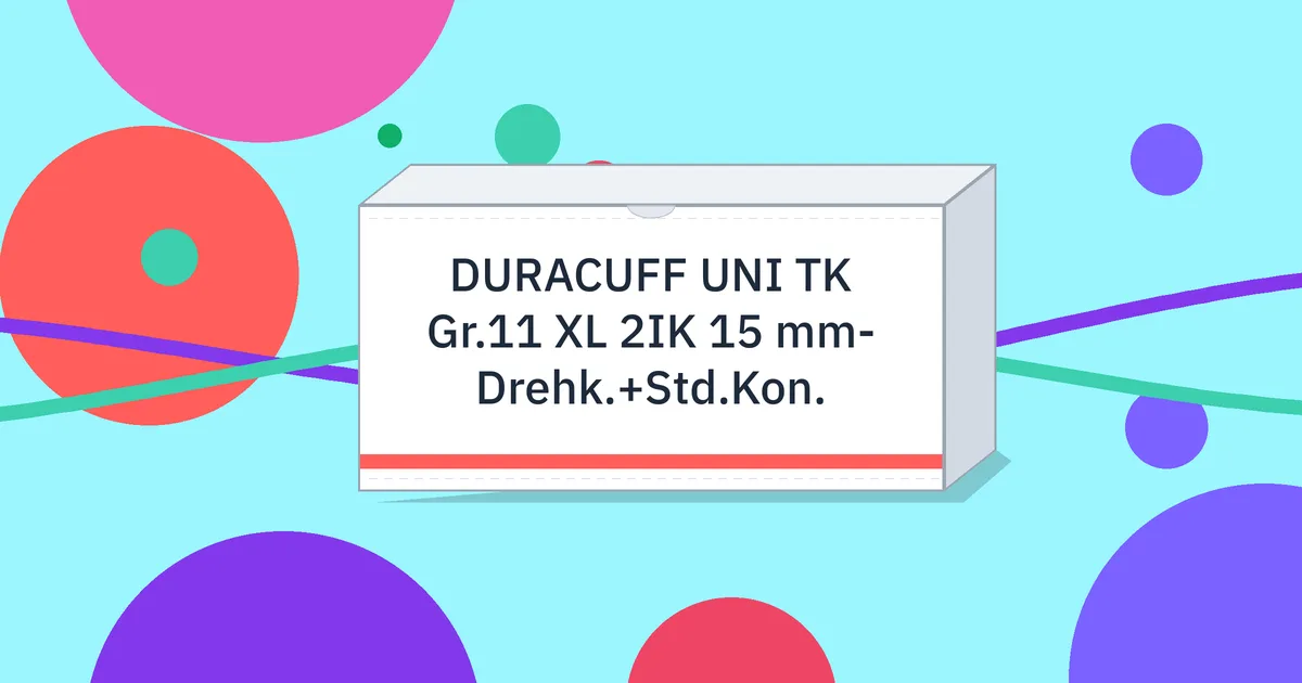 Symbolbild: Packung mit der Aufschrift DURACUFF UNI TK Gr.11 XL 2IK 15 mm-Drehk.+Std.Kon. (PZN 04963445) – Verfügbarkeit und Bezug in Apotheken in Frankfurt am Main