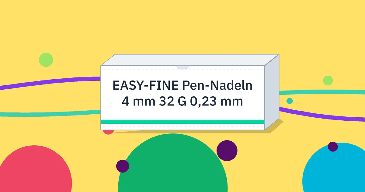 Symbolbild: Packung mit der Aufschrift EASY-FINE Pen-Nadeln 4 mm 32 G 0,23 mm (PZN 19427215) – Verfügbarkeit und Bezug in Apotheken in Frankfurt am Main