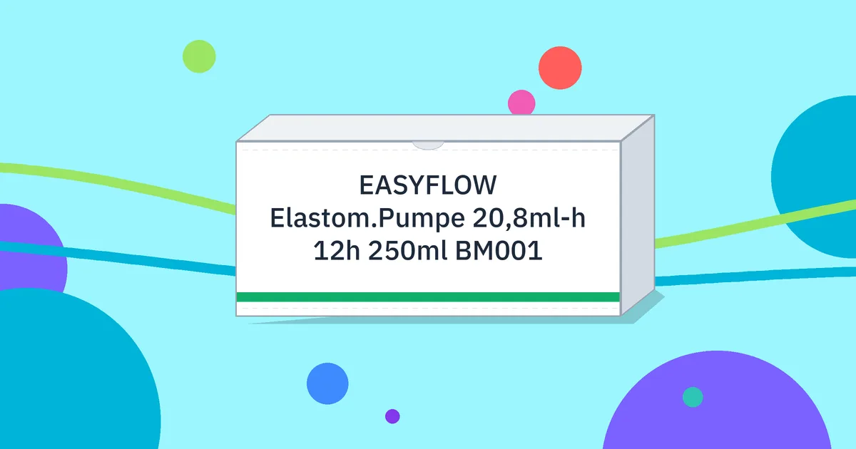 Symbolbild: Packung mit der Aufschrift EASYFLOW Elastom.Pumpe 20,8ml-h 12h 250ml BM001 (PZN 18095389) – Verfügbarkeit und Bezug in Apotheken in Frankfurt am Main