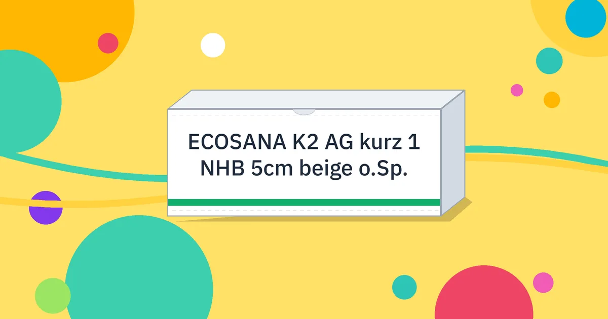 Symbolbild: Packung mit der Aufschrift ECOSANA K2 AG kurz 1 NHB 5cm beige o.Sp. (PZN 01370294) – Verfügbarkeit und Bezug in Apotheken in Frankfurt am Main
