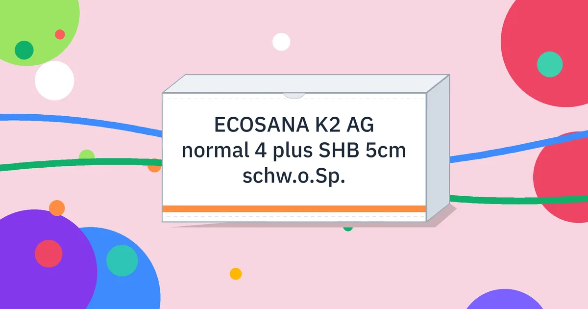 Symbolbild: Packung mit der Aufschrift ECOSANA K2 AG normal 4 plus SHB 5cm schw.o.Sp. (PZN 01435906) – Verfügbarkeit und Bezug in Apotheken in Frankfurt am Main
