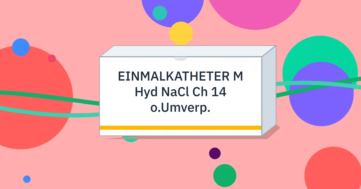 Symbolbild: Packung mit der Aufschrift EINMALKATHETER M Hyd NaCl Ch 14 o.Umverp. (PZN 01899020) – Verfügbarkeit und Bezug in Apotheken in Frankfurt am Main