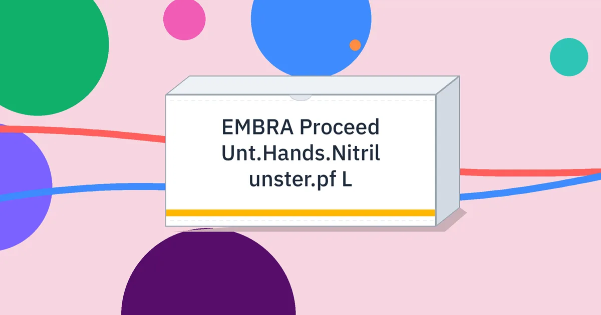 Symbolbild: Packung mit der Aufschrift EMBRA Proceed Unt.Hands.Nitril unster.pf L (PZN 19142406) – Verfügbarkeit und Bezug in Apotheken in Frankfurt am Main
