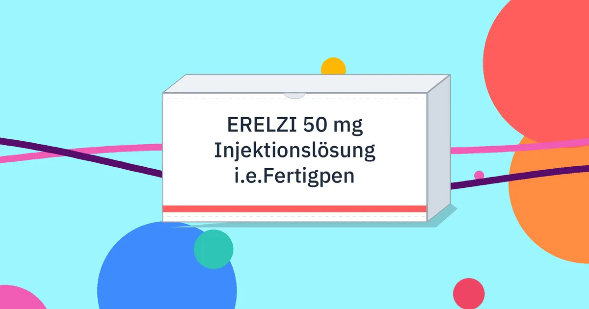 Symbolbild: Packung mit der Aufschrift ERELZI 50 mg Injektionslösung i.e.Fertigpen (PZN 11594379) – Verfügbarkeit und Bezug in Apotheken in Frankfurt am Main