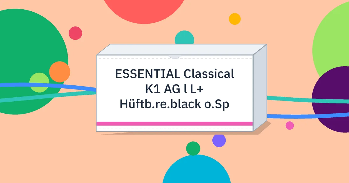 Symbolbild: Packung mit der Aufschrift ESSENTIAL Classical K1 AG l L+ Hüftb.re.black o.Sp (PZN 17013538) – Verfügbarkeit und Bezug in Apotheken in Frankfurt am Main
