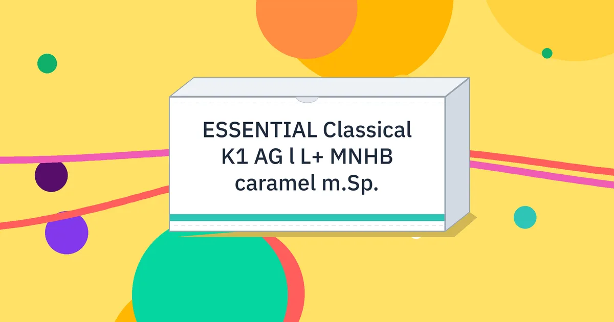 Symbolbild: Packung mit der Aufschrift ESSENTIAL Classical K1 AG l L+ MNHB caramel m.Sp. (PZN 19321563) – Verfügbarkeit und Bezug in Apotheken in Frankfurt am Main