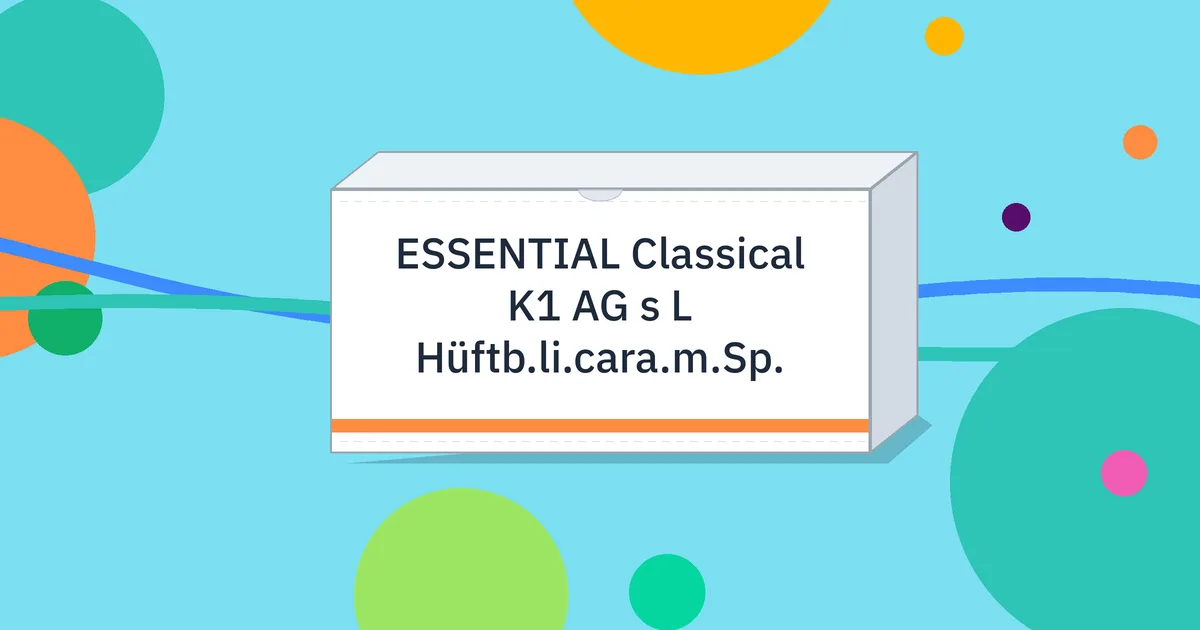 Symbolbild: Packung mit der Aufschrift ESSENTIAL Classical K1 AG s L Hüftb.li.cara.m.Sp. (PZN 17011568) – Verfügbarkeit und Bezug in Apotheken in Frankfurt am Main