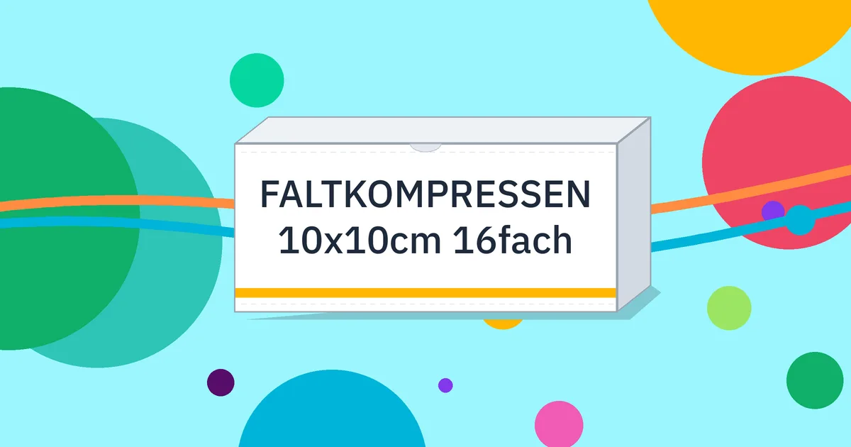 Symbolbild: Packung mit der Aufschrift FALTKOMPRESSEN 10x10cm 16fach (PZN 01960512) – Verfügbarkeit und Bezug in Apotheken in Frankfurt am Main