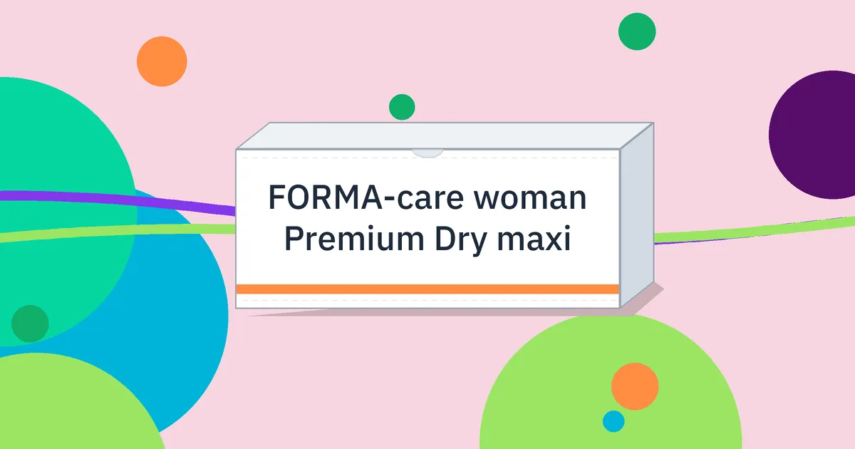 Symbolbild: Packung mit der Aufschrift FORMA-care woman Premium Dry maxi (PZN 15785030) – Verfügbarkeit und Bezug in Apotheken in Frankfurt am Main