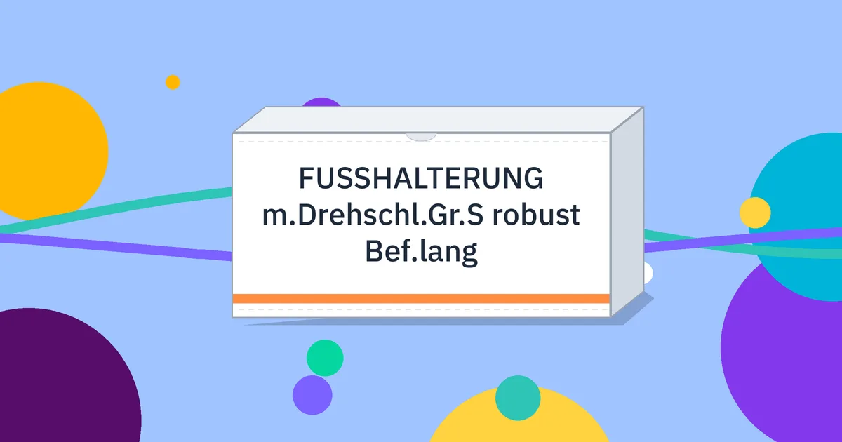 Symbolbild: Packung mit der Aufschrift FUSSHALTERUNG m.Drehschl.Gr.S robust Bef.lang (PZN 11568608) – Verfügbarkeit und Bezug in Apotheken in Frankfurt am Main
