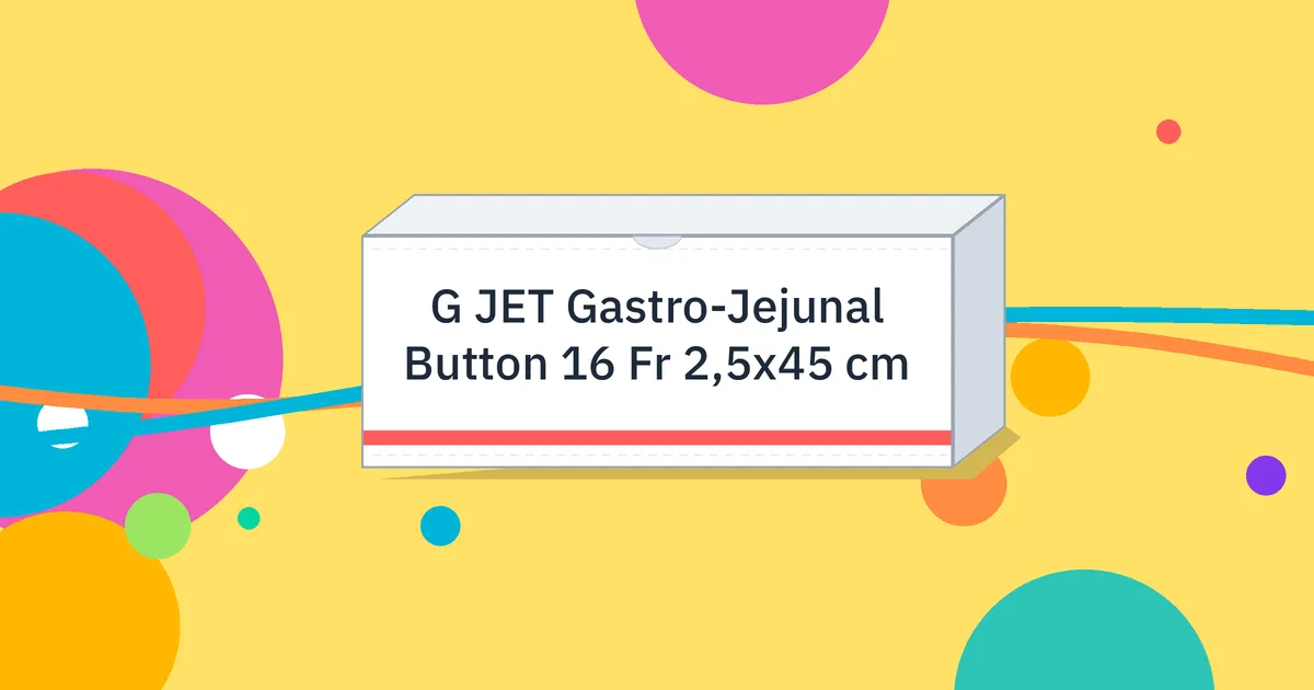 Symbolbild: Packung mit der Aufschrift G JET Gastro-Jejunal Button 16 Fr 2,5x45 cm (PZN 14343175) – Verfügbarkeit und Bezug in Apotheken in Frankfurt am Main