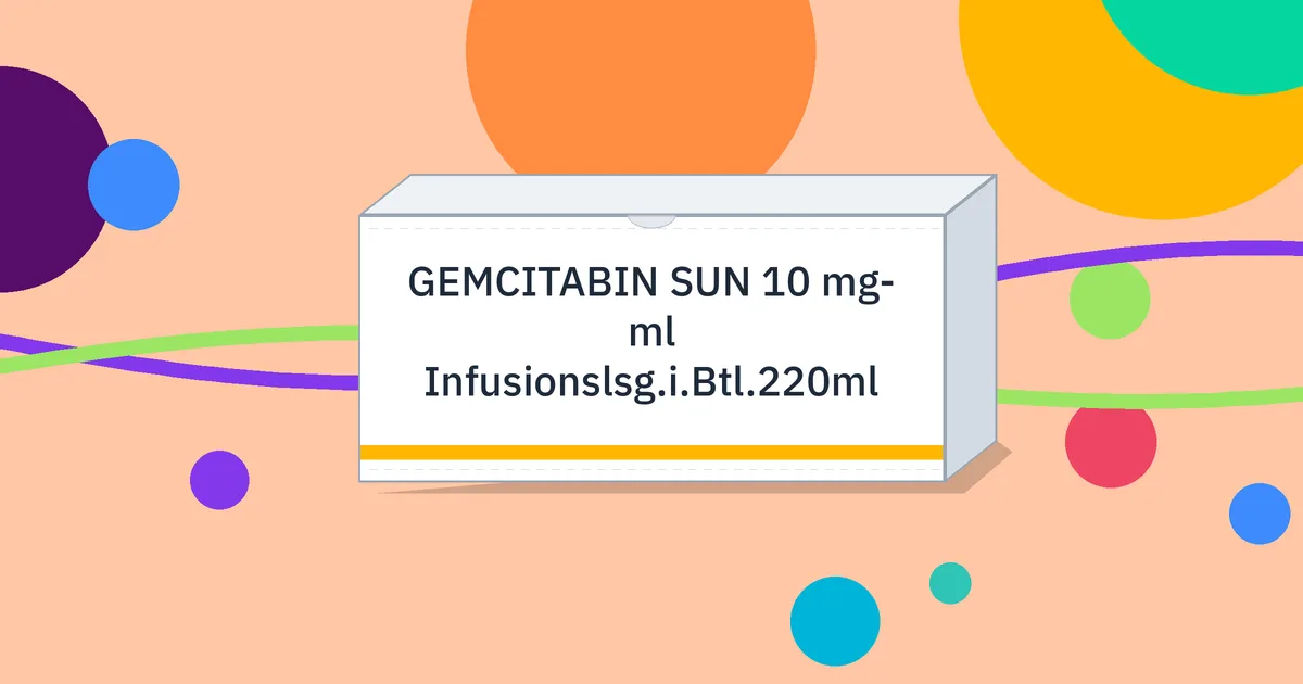 Symbolbild: Packung mit der Aufschrift GEMCITABIN SUN 10 mg-ml Infusionslsg.i.Btl.220ml (PZN 11305837) – Verfügbarkeit und Bezug in Apotheken in Frankfurt am Main