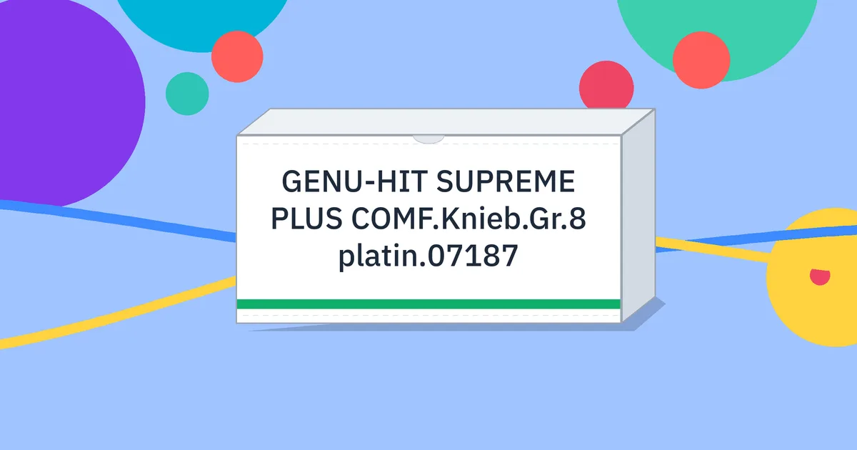 Symbolbild: Packung mit der Aufschrift GENU-HIT SUPREME PLUS COMF.Knieb.Gr.8 platin.07187 (PZN 18181479) – Verfügbarkeit und Bezug in Apotheken in Frankfurt am Main