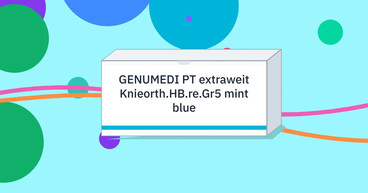 Symbolbild: Packung mit der Aufschrift GENUMEDI PT extraweit Knieorth.HB.re.Gr5 mint blue (PZN 17982711) – Verfügbarkeit und Bezug in Apotheken in Frankfurt am Main
