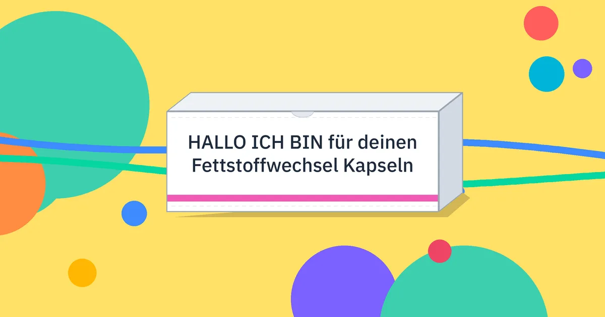 Symbolbild: Packung mit der Aufschrift HALLO ICH BIN für deinen Fettstoffwechsel Kapseln (PZN 17292751) – Verfügbarkeit und Bezug in Apotheken in Frankfurt am Main