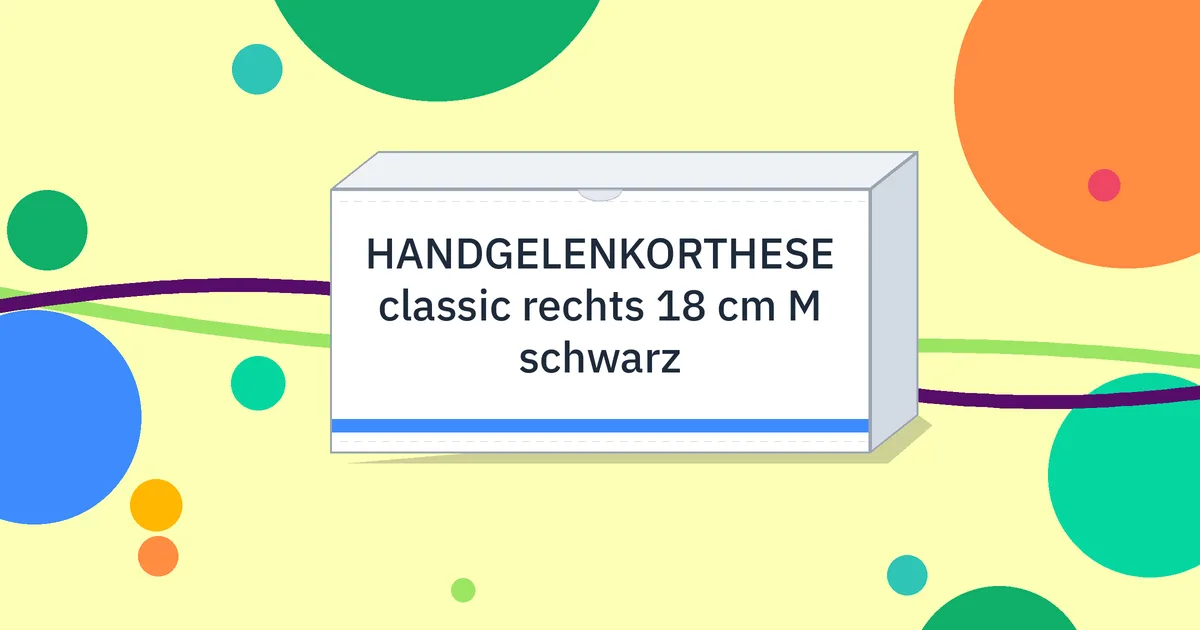 Symbolbild: Packung mit der Aufschrift HANDGELENKORTHESE classic rechts 18 cm M schwarz (PZN 13827020) – Verfügbarkeit und Bezug in Apotheken in Frankfurt am Main