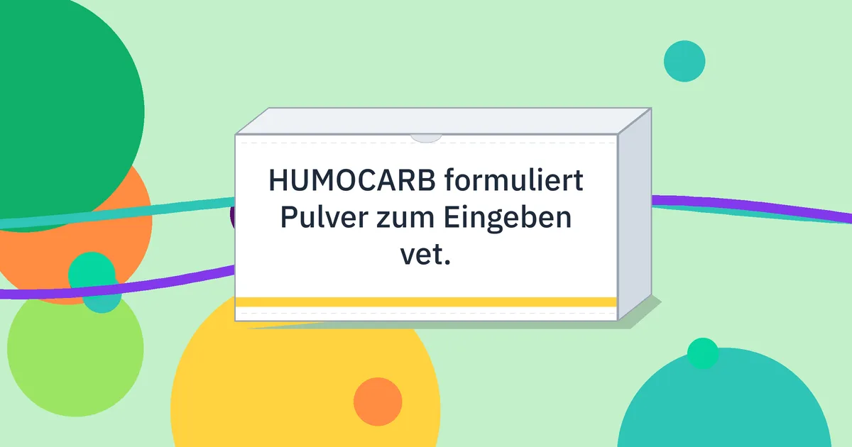 Symbolbild: Packung mit der Aufschrift HUMOCARB formuliert Pulver zum Eingeben vet. (PZN 07382619) – Verfügbarkeit und Bezug in Apotheken in Frankfurt am Main