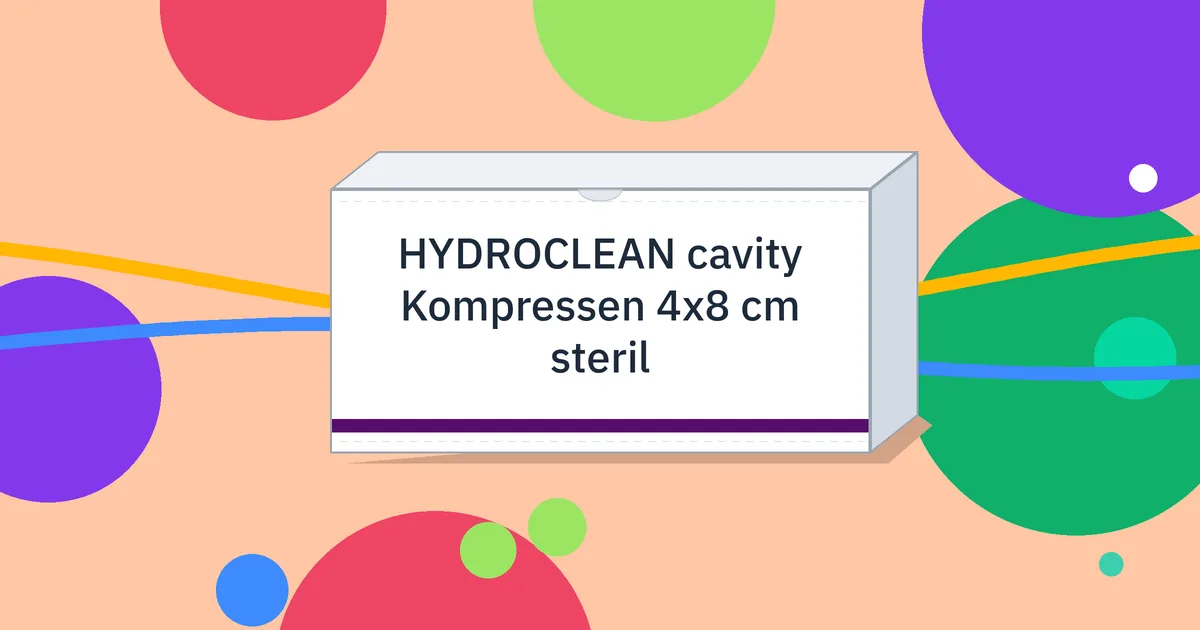 Symbolbild: Packung mit der Aufschrift HYDROCLEAN cavity Kompressen 4x8 cm steril (PZN 16348886) – Verfügbarkeit und Bezug in Apotheken in Frankfurt am Main