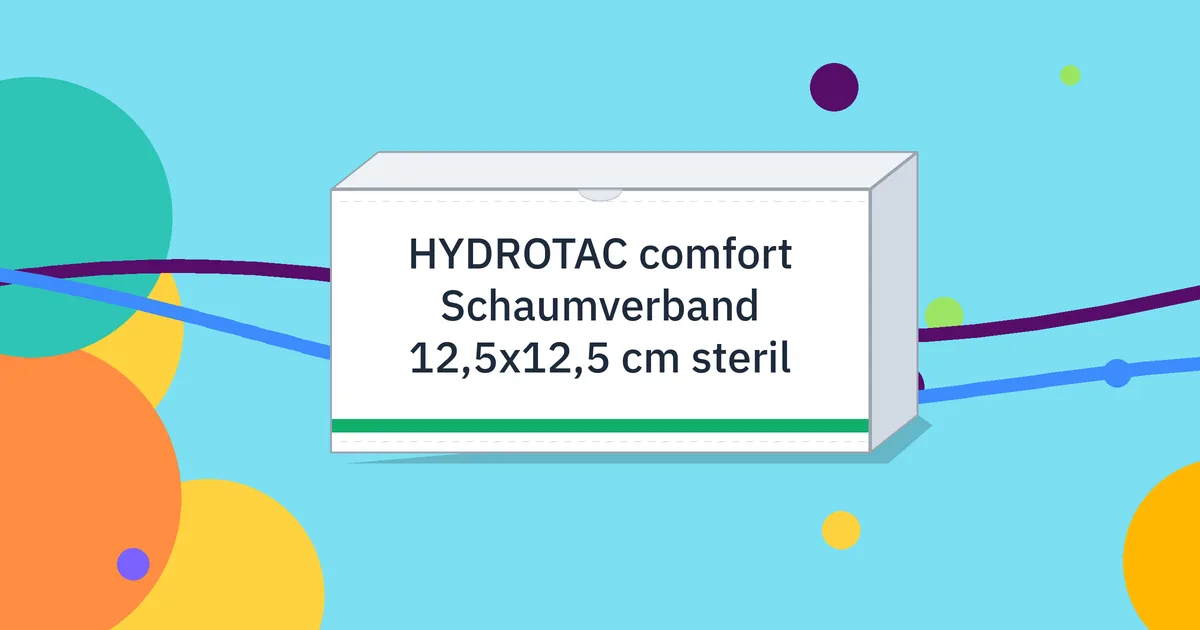 Symbolbild: Packung mit der Aufschrift HYDROTAC comfort Schaumverband 12,5x12,5 cm steril (PZN 16596331) – Verfügbarkeit und Bezug in Apotheken in Frankfurt am Main