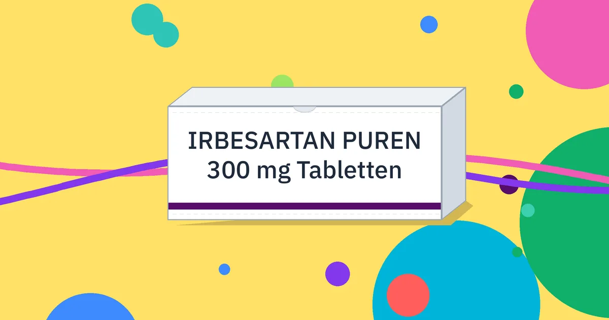 Symbolbild: Packung mit der Aufschrift IRBESARTAN PUREN 300 mg Tabletten (PZN 12893670) – Verfügbarkeit und Bezug in Apotheken in Frankfurt am Main