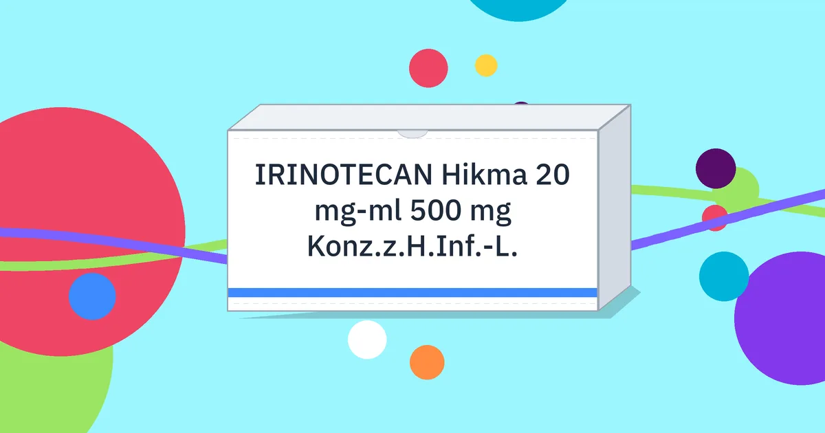 Symbolbild: Packung mit der Aufschrift IRINOTECAN Hikma 20 mg-ml 500 mg Konz.z.H.Inf.-L. (PZN 17611127) – Verfügbarkeit und Bezug in Apotheken in Frankfurt am Main