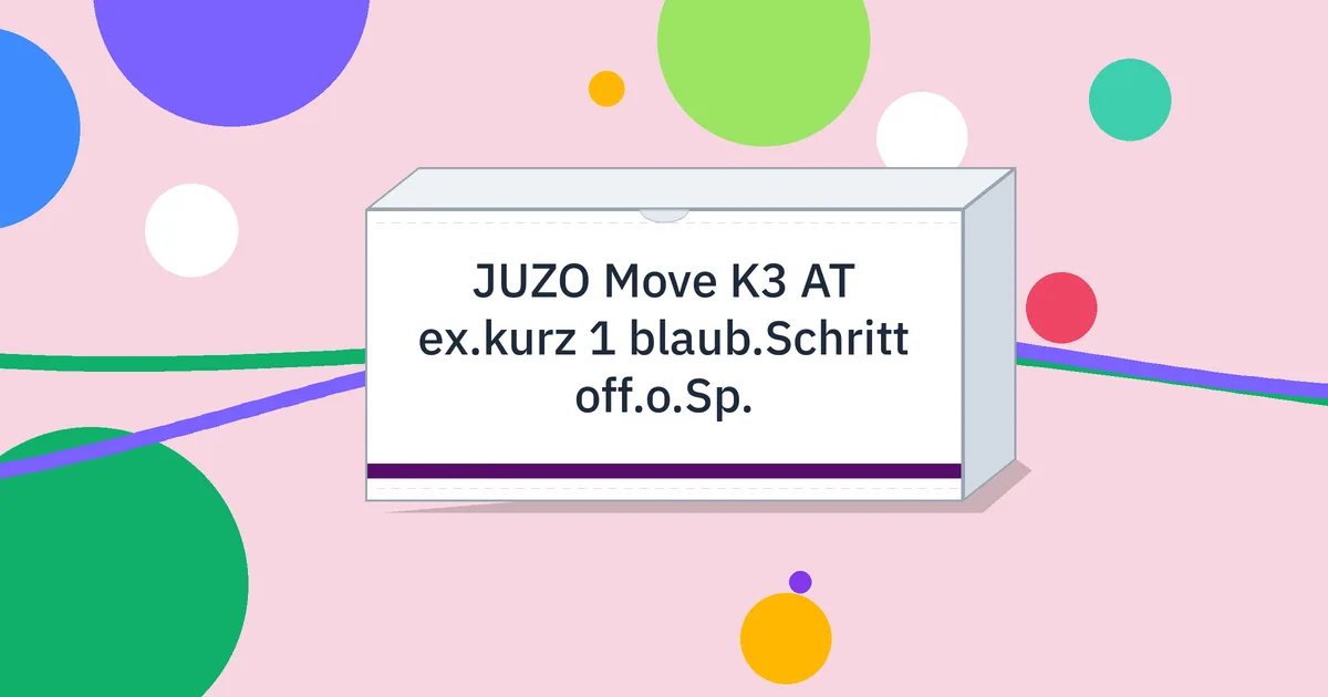 Symbolbild: Packung mit der Aufschrift JUZO Move K3 AT ex.kurz 1 blaub.Schritt off.o.Sp. (PZN 20682119) – Verfügbarkeit und Bezug in Apotheken in Frankfurt am Main