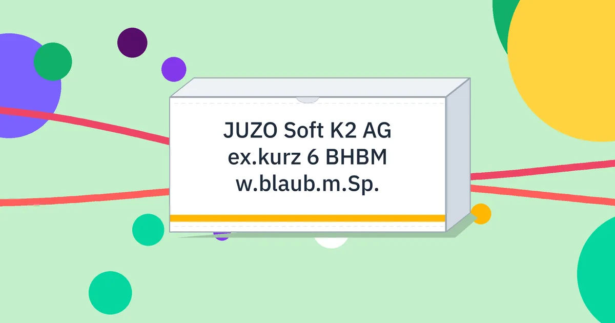 Symbolbild: Packung mit der Aufschrift JUZO Soft K2 AG ex.kurz 6 BHBM w.blaub.m.Sp. (PZN 14868305) – Verfügbarkeit und Bezug in Apotheken in Frankfurt am Main