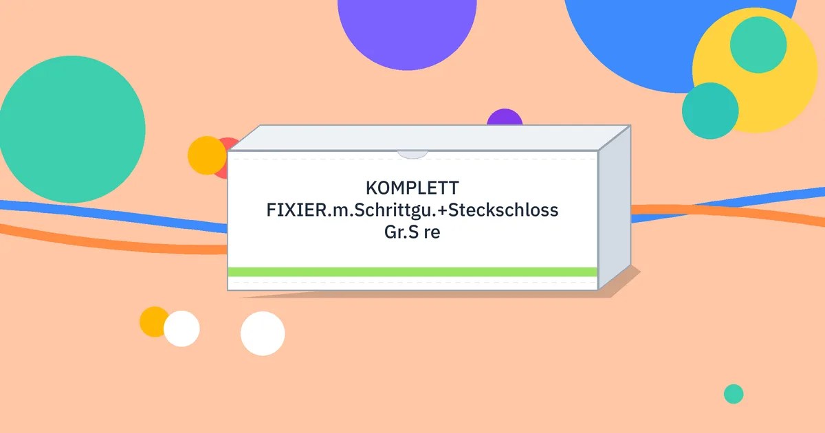Symbolbild: Packung mit der Aufschrift KOMPLETT FIXIER.m.Schrittgu.+Steckschloss Gr.S re (PZN 11573584) – Verfügbarkeit und Bezug in Apotheken in Frankfurt am Main