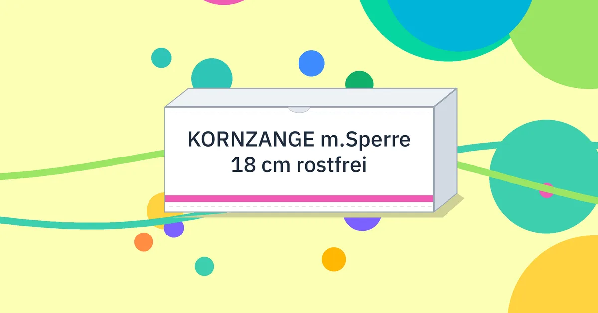 Symbolbild: Packung mit der Aufschrift KORNZANGE m.Sperre 18 cm rostfrei (PZN 04841742) – Verfügbarkeit und Bezug in Apotheken in Frankfurt am Main