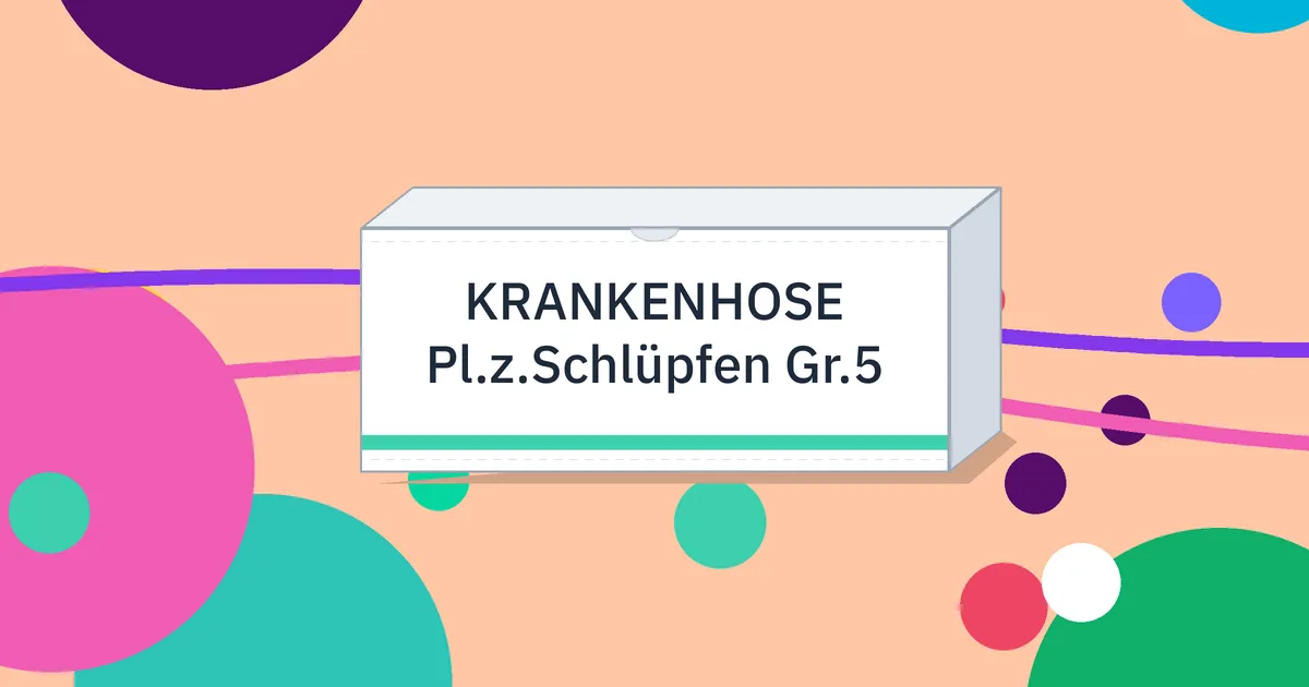 Symbolbild: Packung mit der Aufschrift KRANKENHOSE Pl.z.Schlüpfen Gr.5 (PZN 01740673) – Verfügbarkeit und Bezug in Apotheken in Frankfurt am Main
