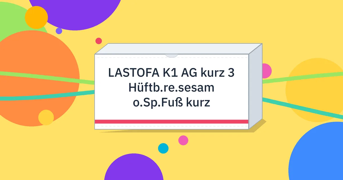 Symbolbild: Packung mit der Aufschrift LASTOFA K1 AG kurz 3 Hüftb.re.sesam o.Sp.Fuß kurz (PZN 13798206) – Verfügbarkeit und Bezug in Apotheken in Frankfurt am Main