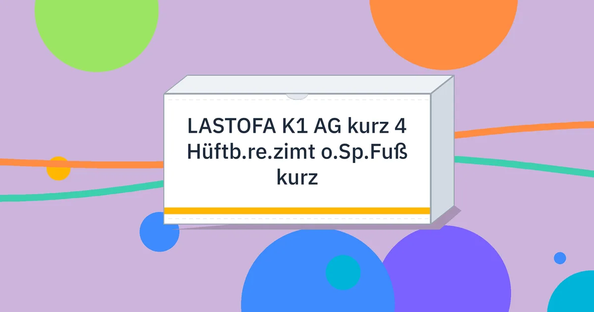 Symbolbild: Packung mit der Aufschrift LASTOFA K1 AG kurz 4 Hüftb.re.zimt o.Sp.Fuß kurz (PZN 13798407) – Verfügbarkeit und Bezug in Apotheken in Frankfurt am Main
