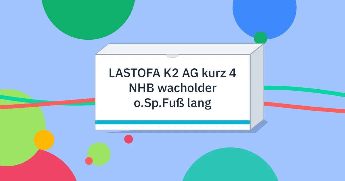 Symbolbild: Packung mit der Aufschrift LASTOFA K2 AG kurz 4 NHB wacholder o.Sp.Fuß lang (PZN 14149970) – Verfügbarkeit und Bezug in Apotheken in Frankfurt am Main