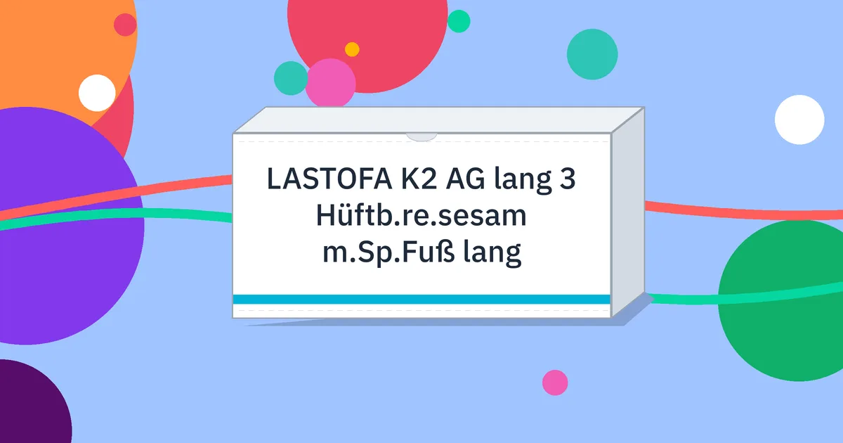 Symbolbild: Packung mit der Aufschrift LASTOFA K2 AG lang 3 Hüftb.re.sesam m.Sp.Fuß lang (PZN 13811326) – Verfügbarkeit und Bezug in Apotheken in Frankfurt am Main