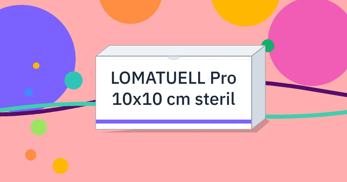 Symbolbild: Packung mit der Aufschrift LOMATUELL Pro 10x10 cm steril (PZN 20338310) – Verfügbarkeit und Bezug in Apotheken in Frankfurt am Main