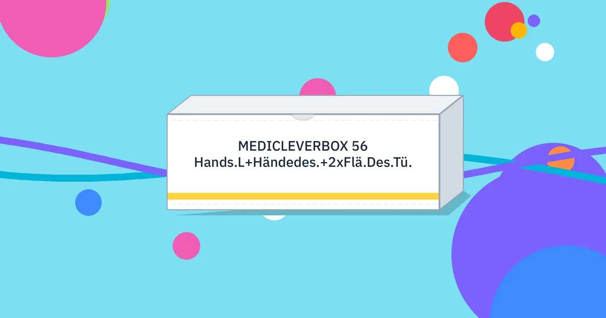 Symbolbild: Packung mit der Aufschrift MEDICLEVERBOX 56 Hands.L+Händedes.+2xFlä.Des.Tü. (PZN 19335677) – Verfügbarkeit und Bezug in Apotheken in Frankfurt am Main