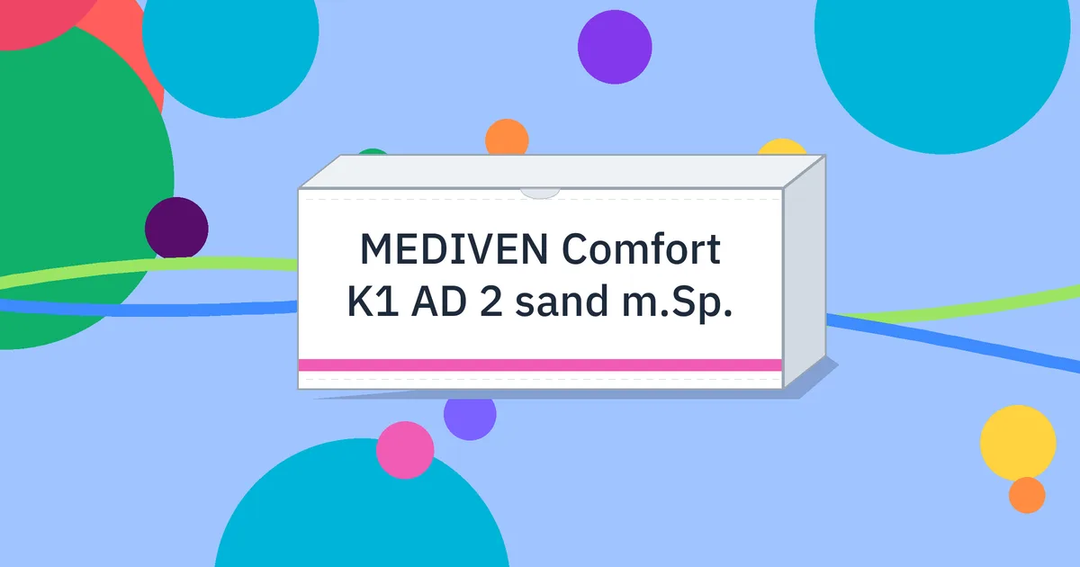 Symbolbild: Packung mit der Aufschrift MEDIVEN Comfort K1 AD 2 sand m.Sp. (PZN 19005738) – Verfügbarkeit und Bezug in Apotheken in Frankfurt am Main